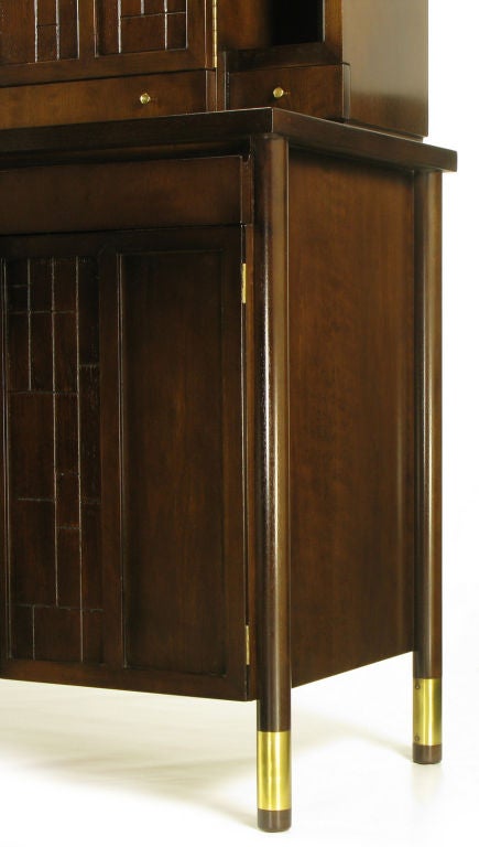 Bert England Walnut and Brass Carved Mosaic Door Tall Cabinet at 1stDibs