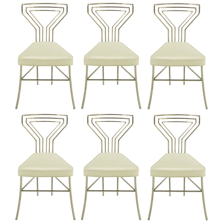 Six Geometric Back Dining Chairs In Polished Steel at 1stDibs