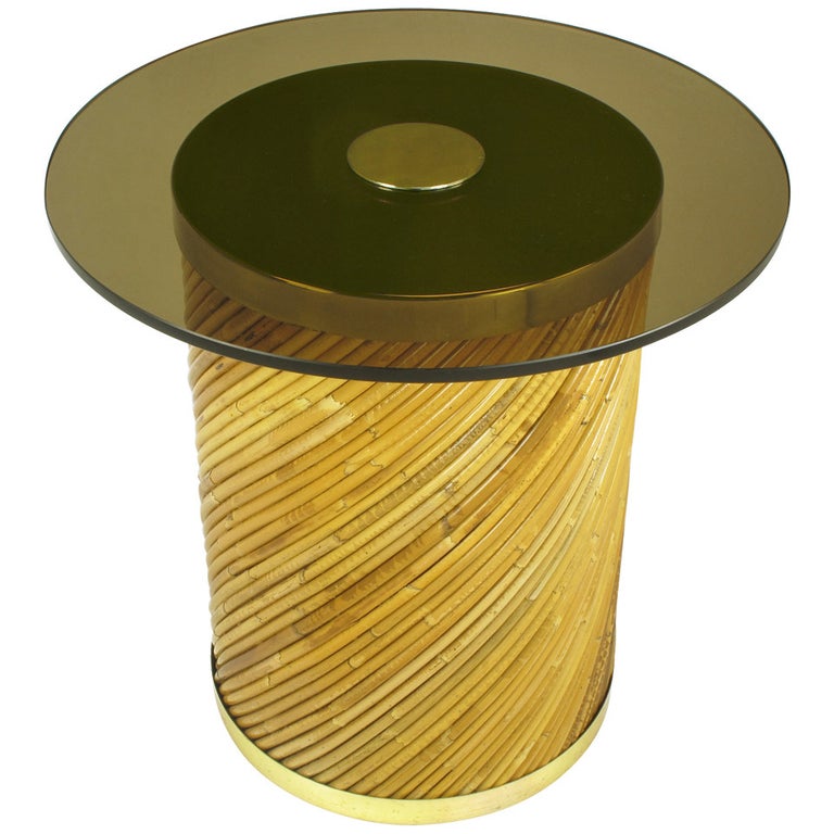 Reeded Bamboo and Brass Smoked Glass Side Table For Sale at 1stDibs