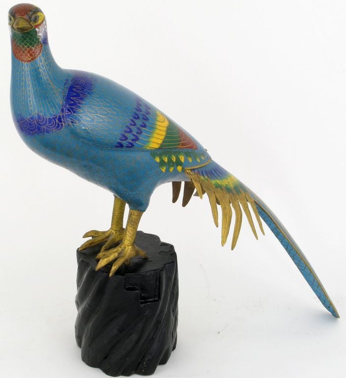 Stunning Polychrome Cloisonne Pheasant On Wood Mount at 1stDibs