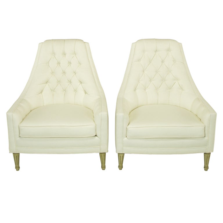 Pair High Back Button-Tufted White Linen Lounge Chairs at 1stDibs