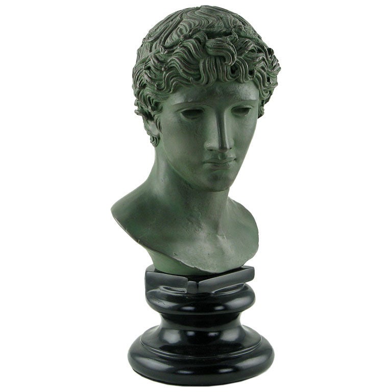 Verdigris Finish Cast Stone Bust Of Young Roman Noble at 1stDibs