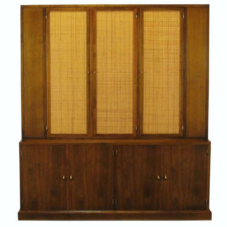 Custom Walnut Tall Cabinet With Inset Cane Panels at 1stDibs