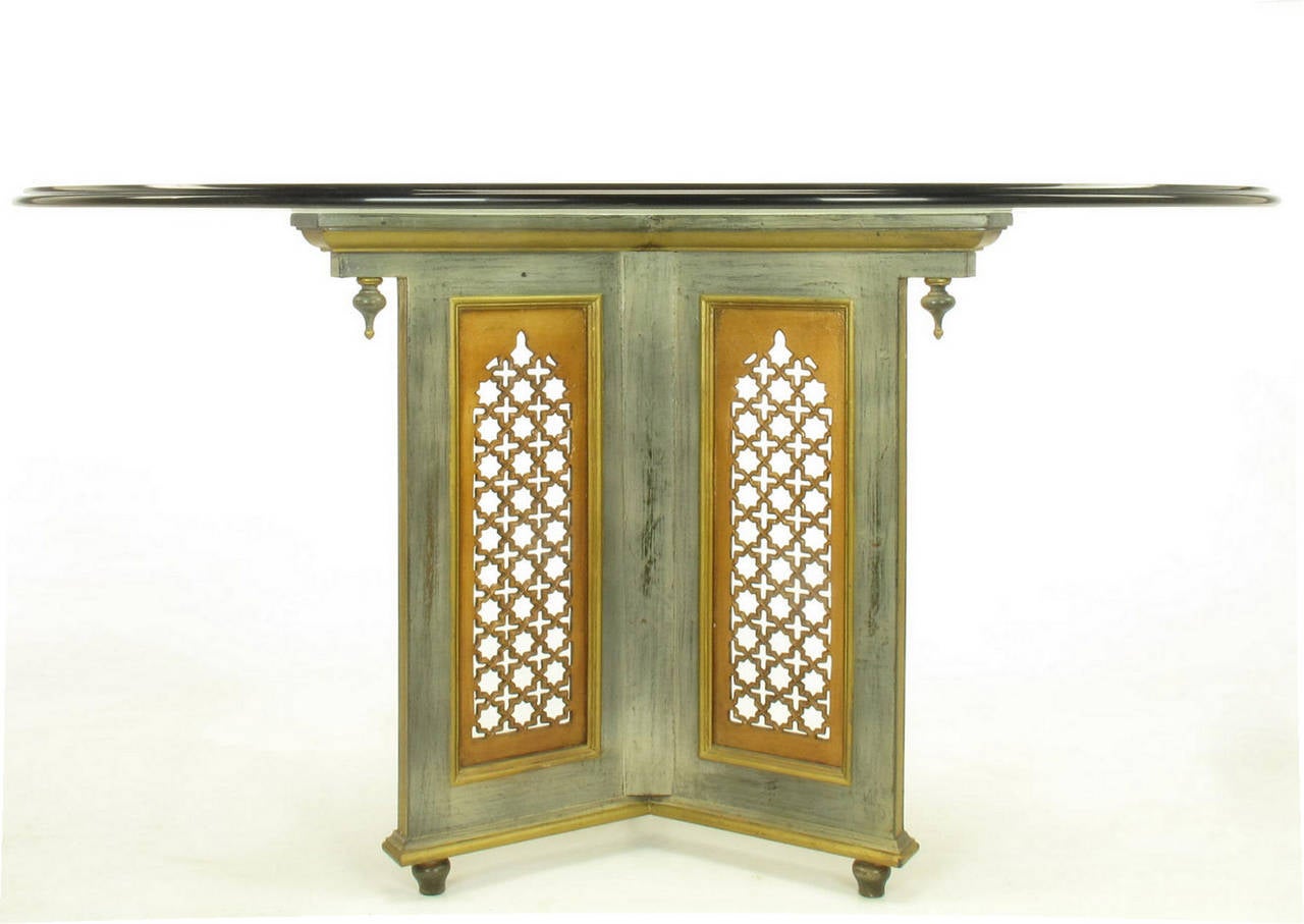 Verdigris Finish Pedestal Dining Table With Gilt Arabeque Panels at 1stDibs