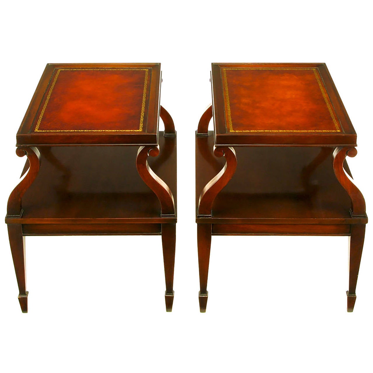 Pair of Weiman Leather and Scrolled Mahogany End Tables at 1stDibs