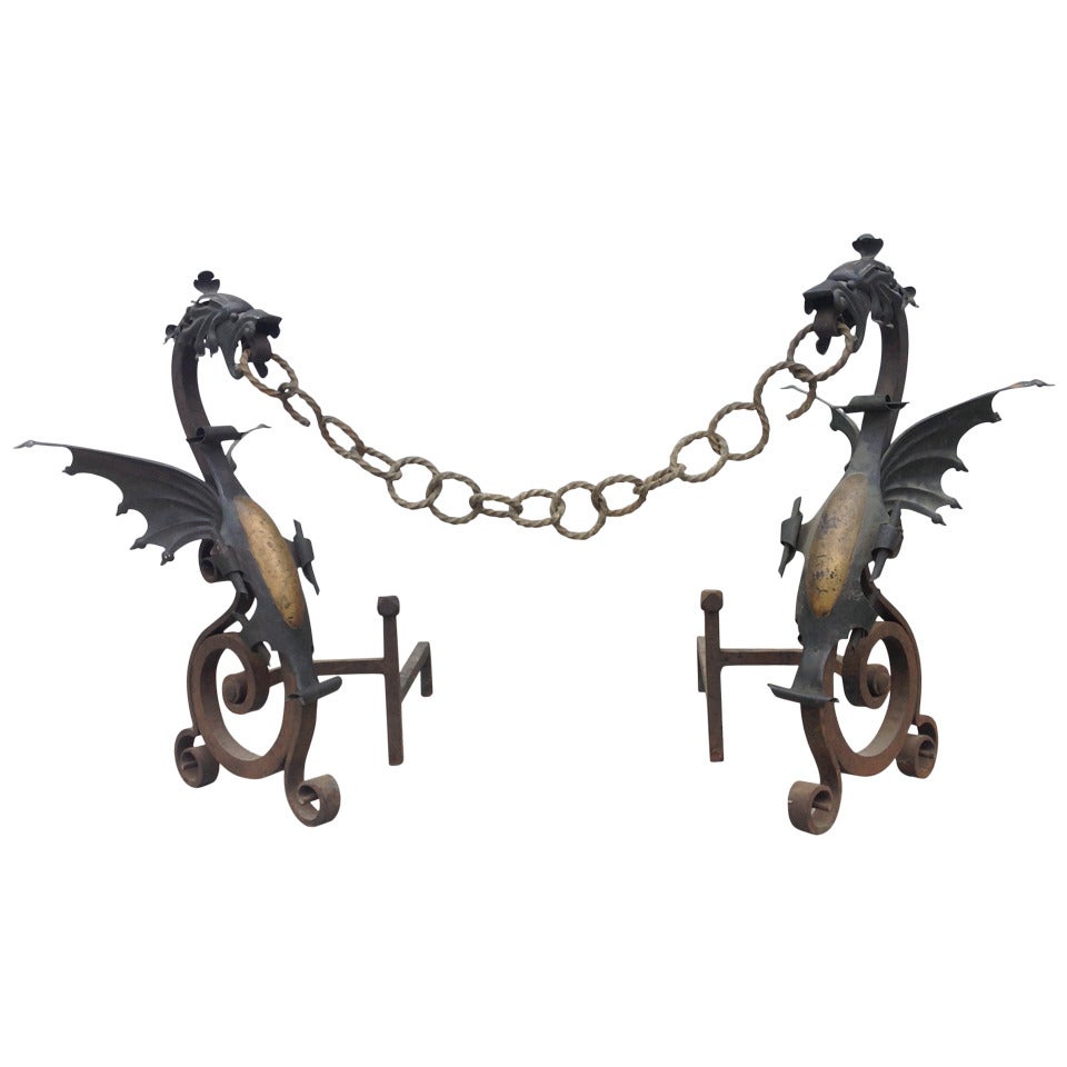 Unusual Pair of Dragon Wrought Iron Andirons For Sale at 1stDibs