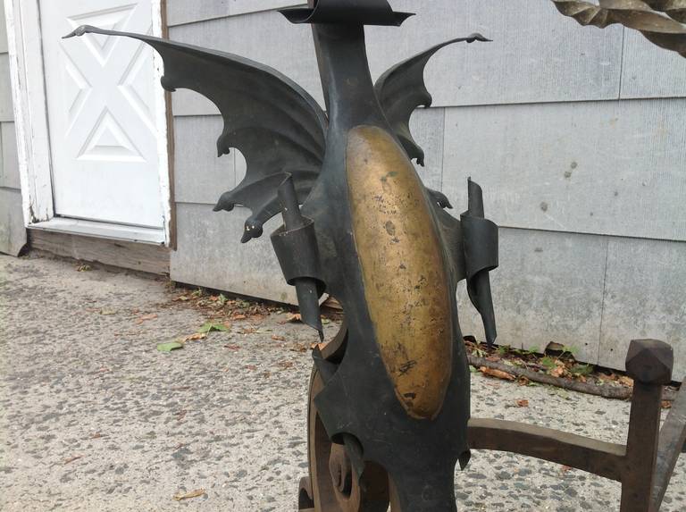 Unusual Pair of Dragon Wrought Iron Andirons For Sale at 1stDibs