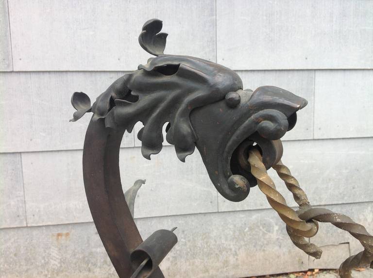 Unusual Pair of Dragon Wrought Iron Andirons For Sale at 1stDibs