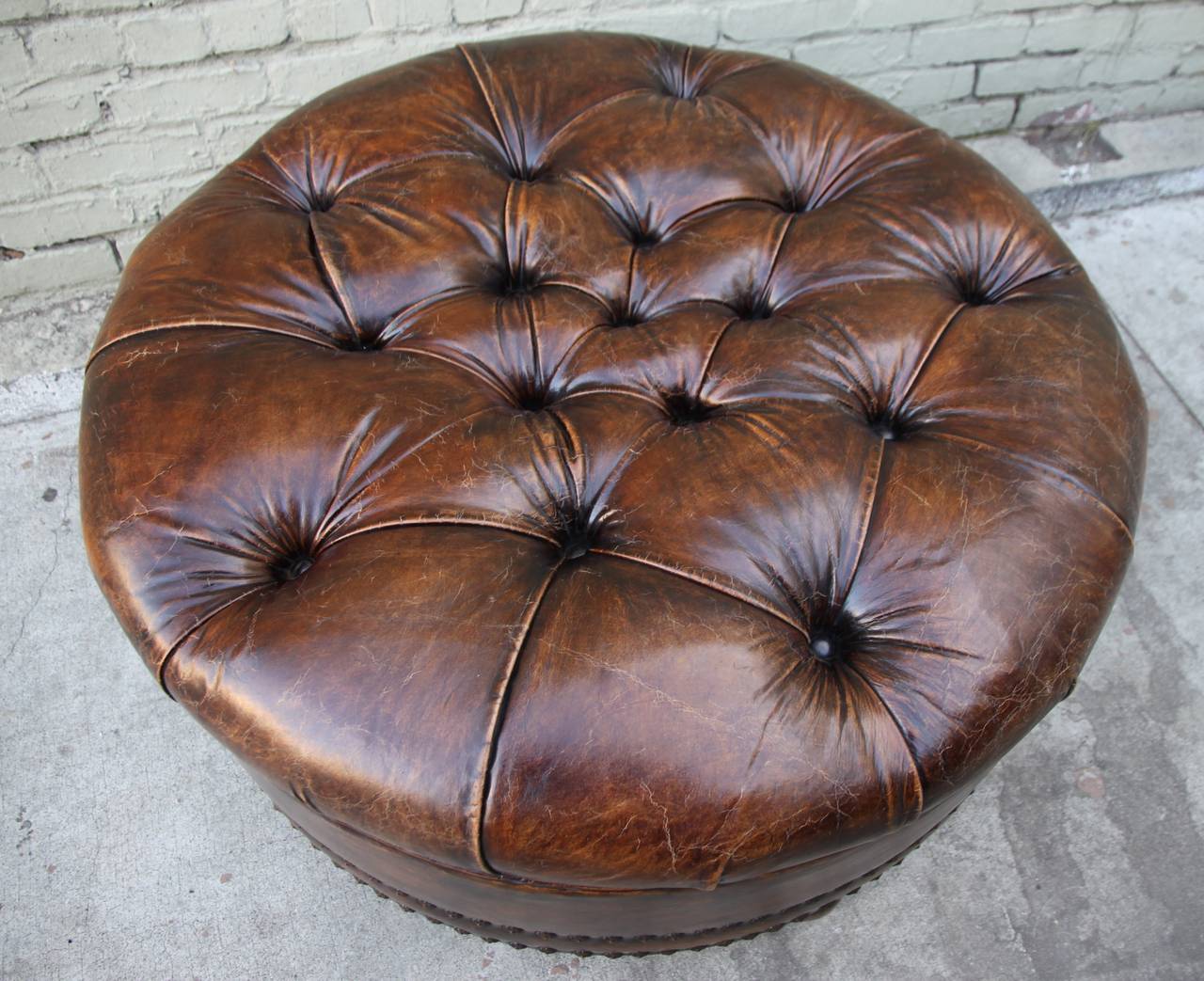 Leather Tufted Round Ottoman at 1stDibs | round leather tufted ottoman ...