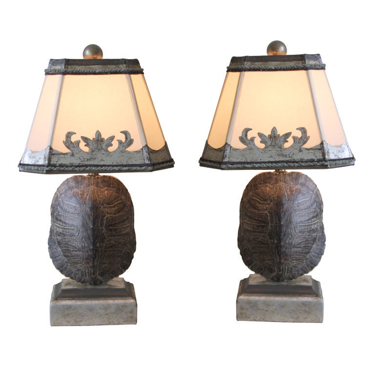 Pair of Petite Tortoise Shell Lamps with Custom Painted Shades at 1stDibs