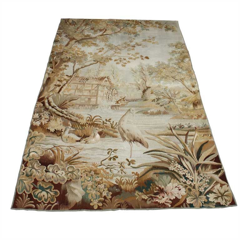 19th C. French Aubusson Tapestry Depicting Log Cabin and Birds at 1stDibs