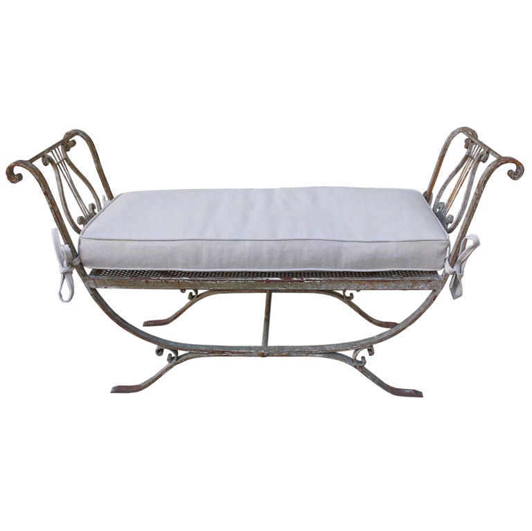 Wrought Iron Painted Lyre Bench with Linen Box Cushion at 1stDibs