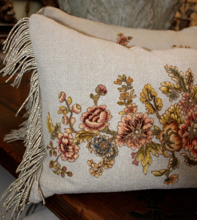 Pair of Metallic and Chenille Embroidered Linen Pillows at 1stDibs