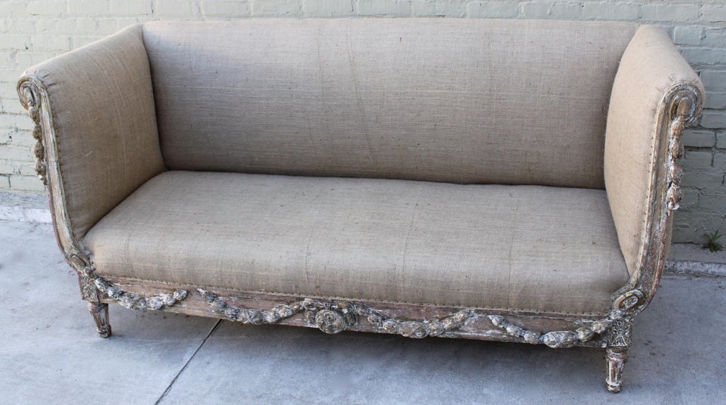 19th C. Carved Italian Burlap Upholstered Sofa at 1stDibs