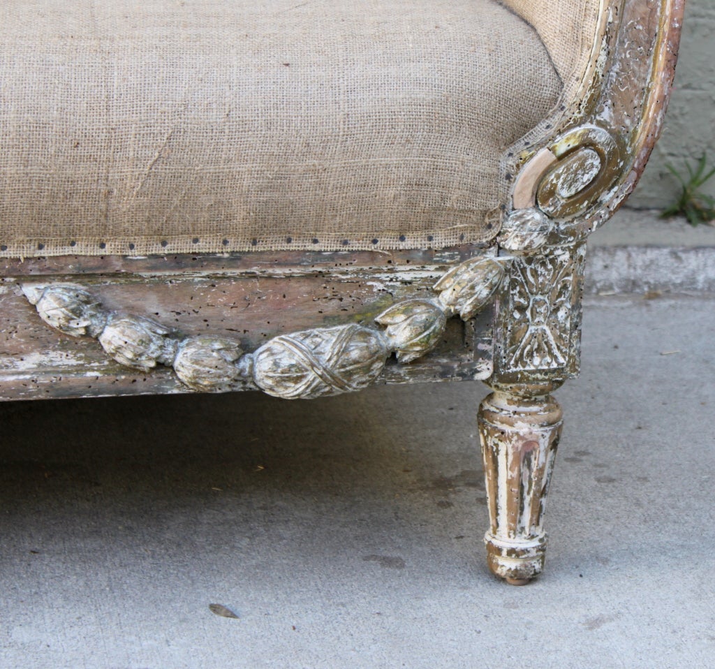 19th C. Carved Italian Burlap Upholstered Sofa at 1stDibs