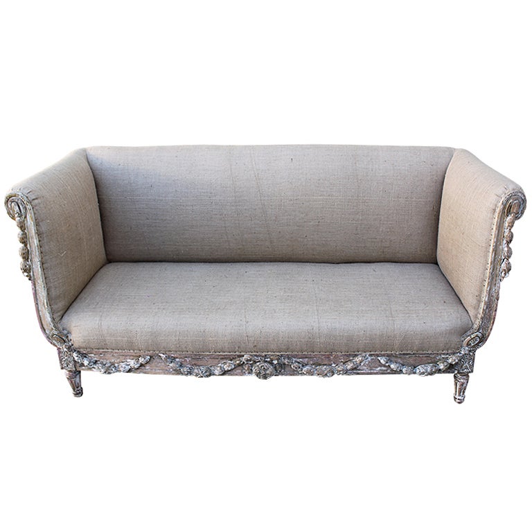 19th C. Carved Italian Burlap Upholstered Sofa at 1stDibs