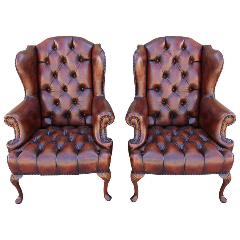 Pair of French Leather Tufted Wingback Chairs at 1stDibs