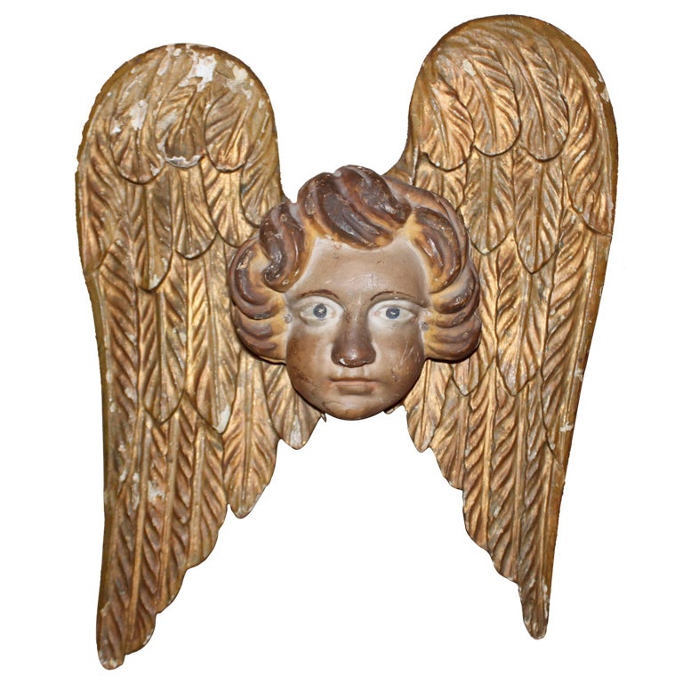Carved Italian Gilt Wood and Painted Winged Cherub Face at 1stDibs