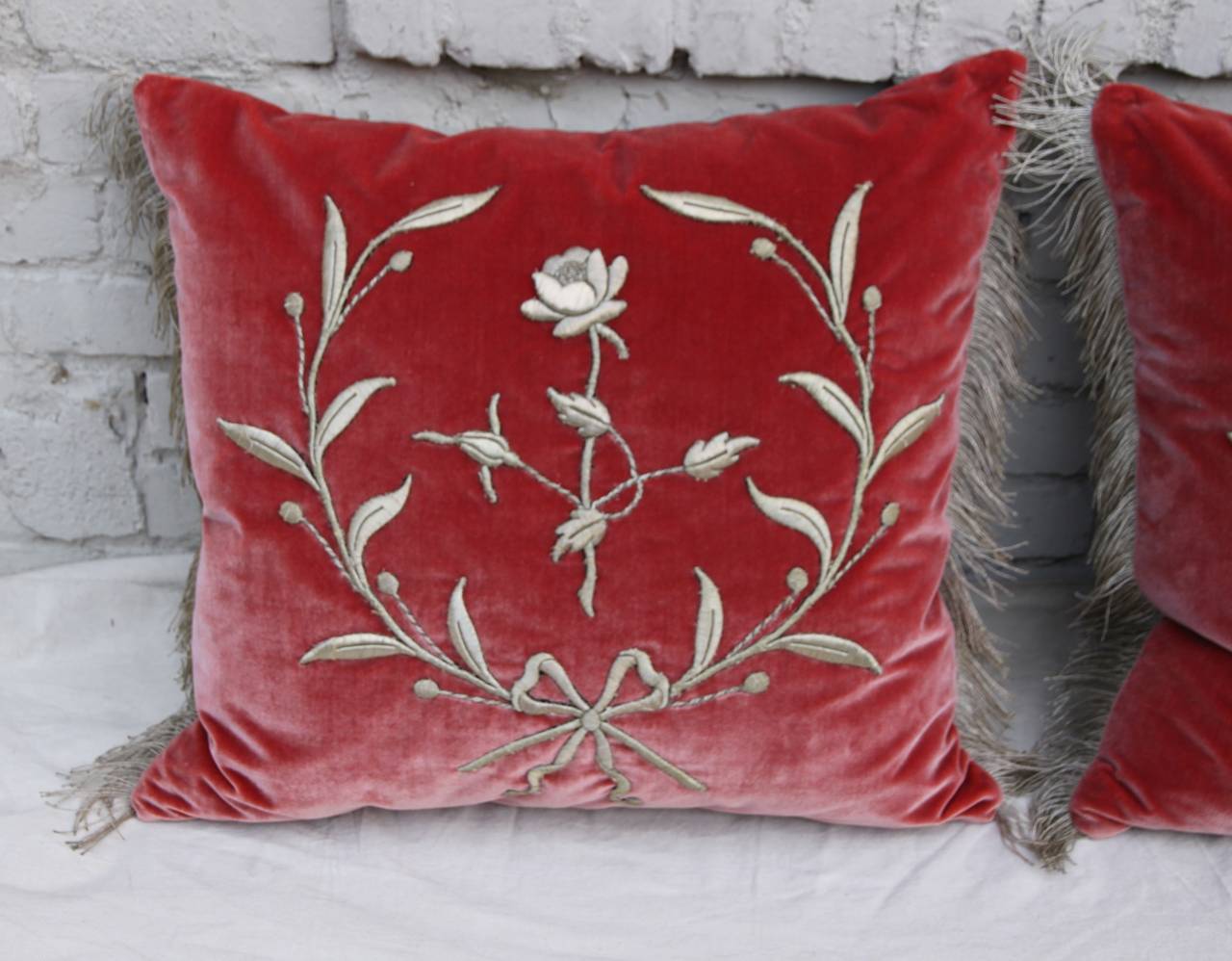 Silver Metallic Appliqued Silk Velvet Pillows, Pair at 1stDibs