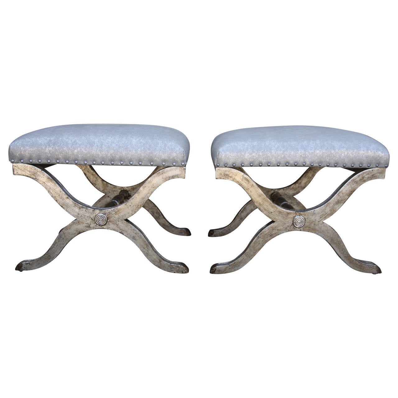Silvered Benches with Snake Patterned Suede Upholstery at 1stDibs