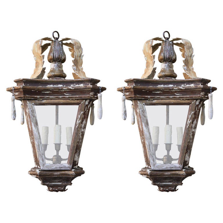 Pair of Italian Wood and Iron Lanterns at 1stdibs