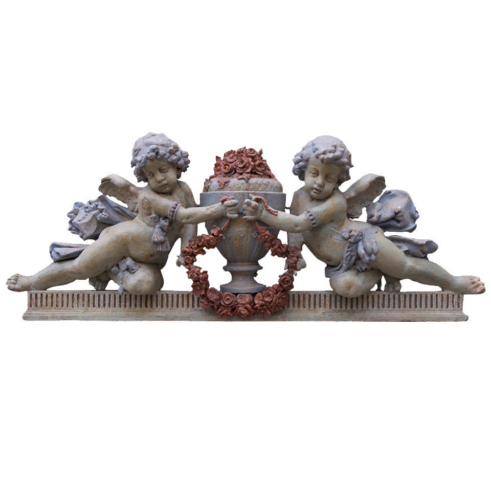 Pair of Italian Painted Cherubs with Wreath at 1stDibs