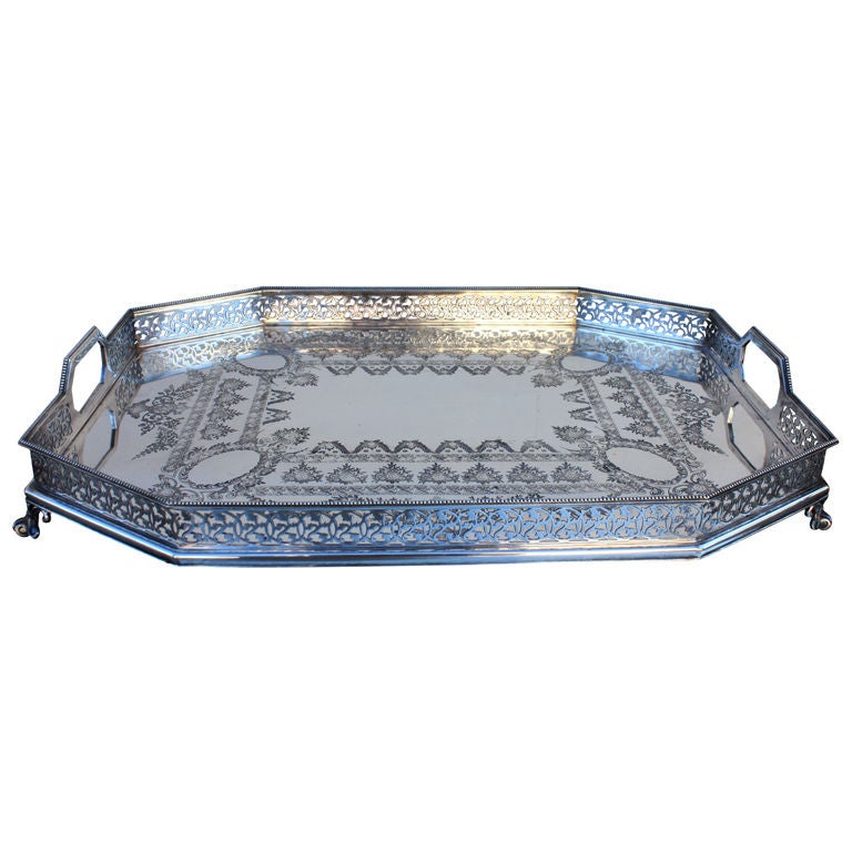 Monumental Adamesque Silver Plated Gallery Footed Serving Tray at 1stDibs