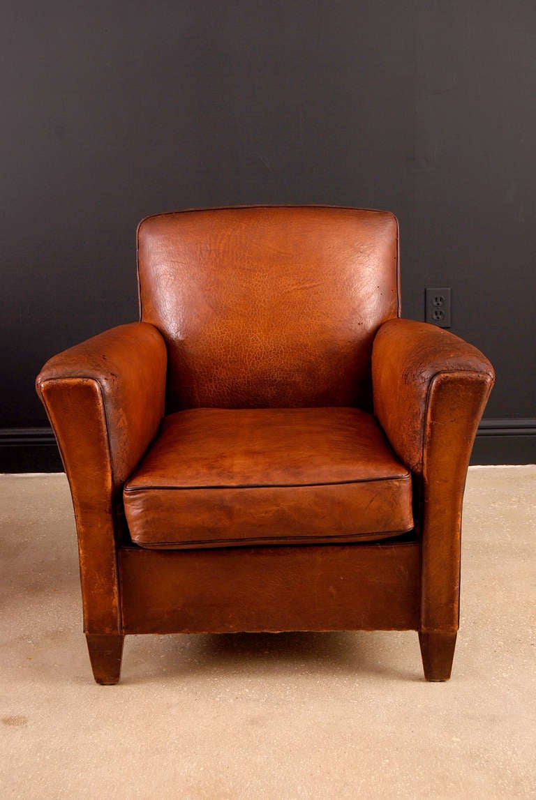 Pair of French Vintage Square Back Leather Club Chairs at 1stDibs