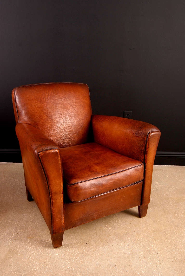 Pair of French Vintage Square Back Leather Club Chairs at 1stDibs