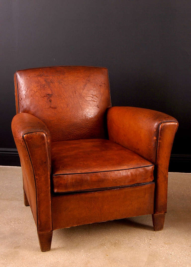 Pair of French Vintage Square Back Leather Club Chairs at 1stDibs