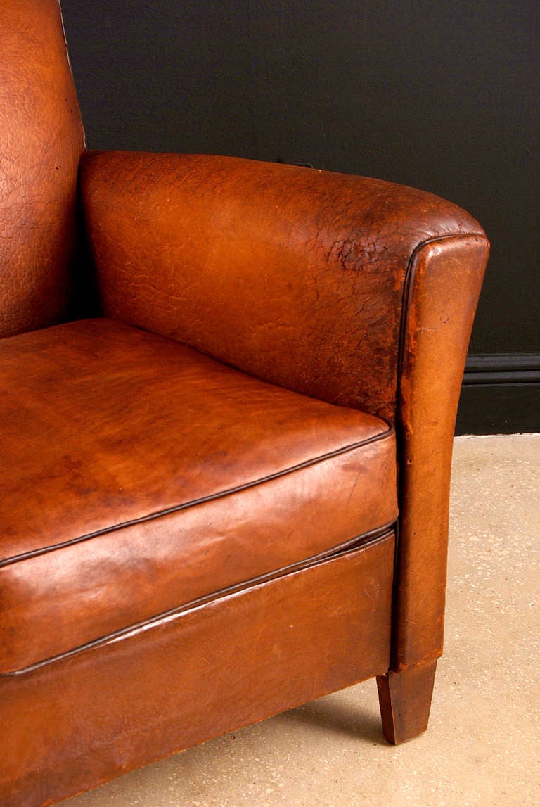 Pair of French Vintage Square Back Leather Club Chairs at 1stDibs