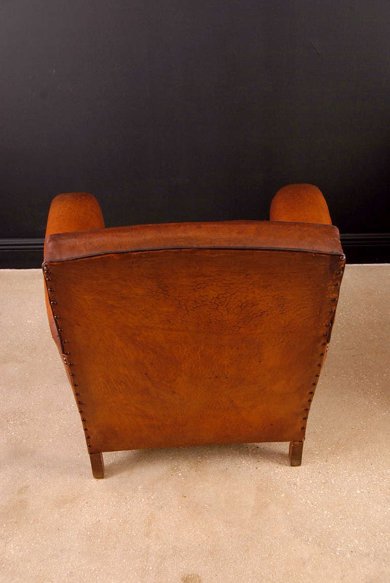 Pair of French Vintage Square Back Leather Club Chairs at 1stDibs