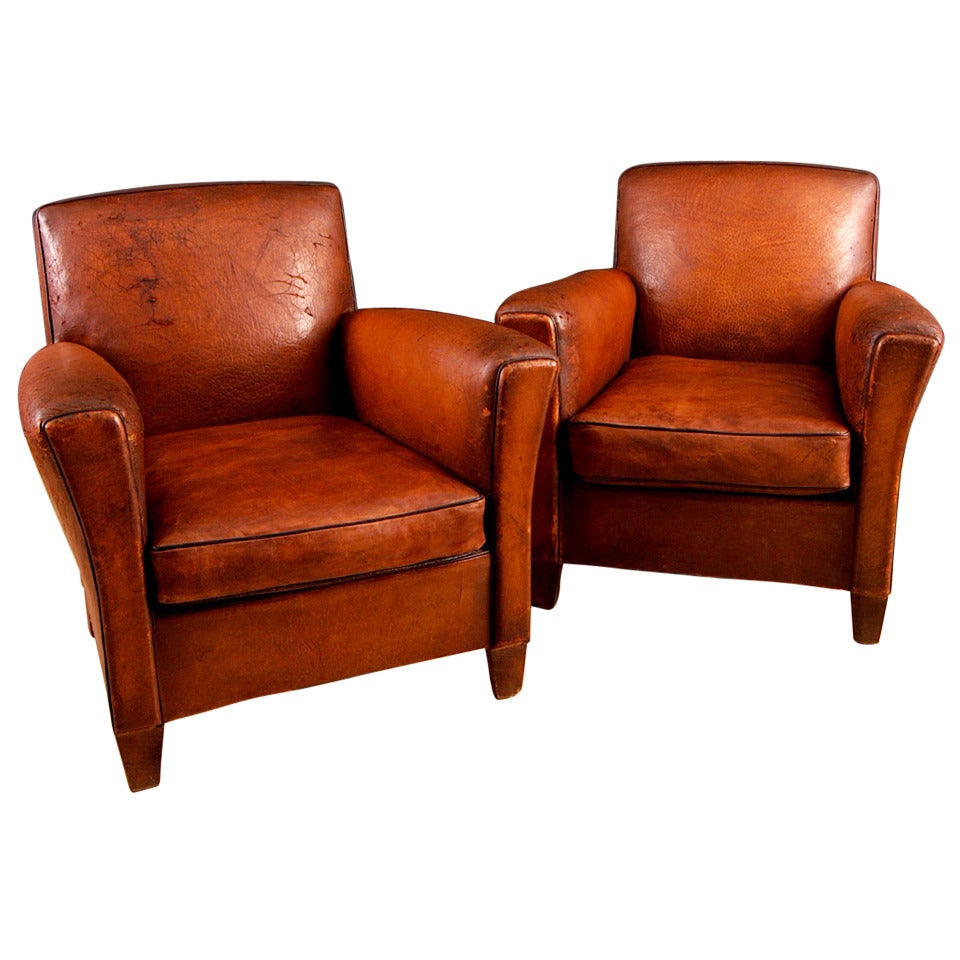 Pair of French Vintage Square Back Leather Club Chairs at 1stDibs