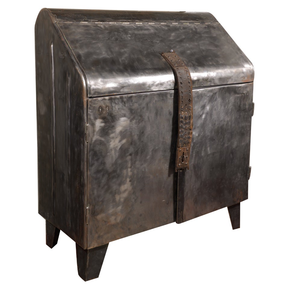 Polished Steel Desk With Leather Strap For Lock For Sale at 1stDibs