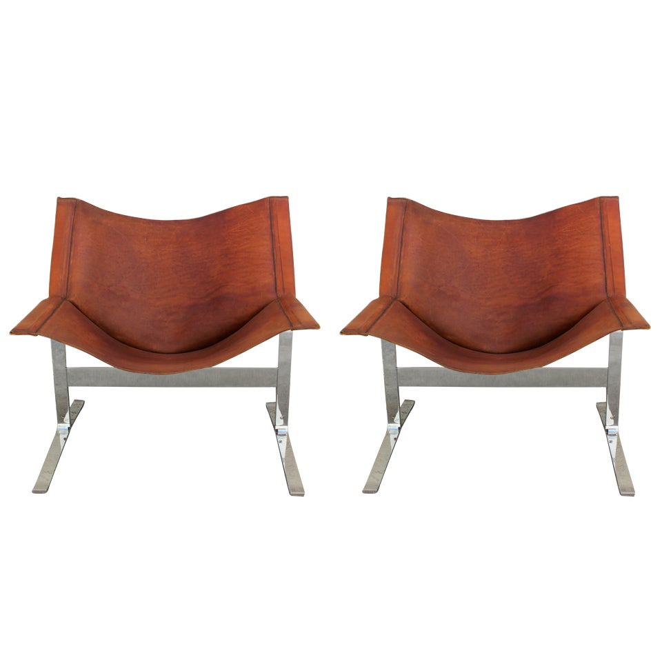 Pair of Clement Meadmore Saddle Leather Sling Chairs at 1stDibs