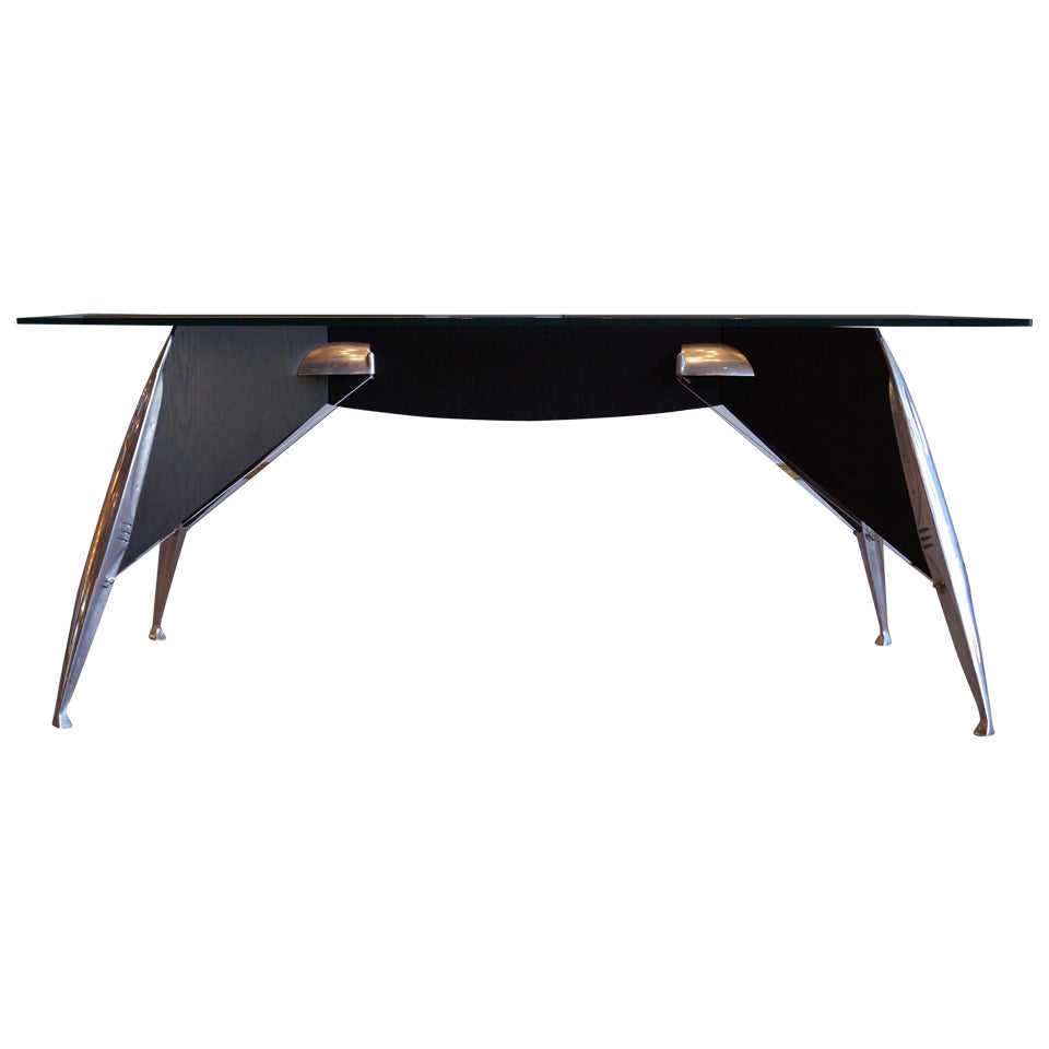 Black and Steel Desk with Glass Top at 1stDibs