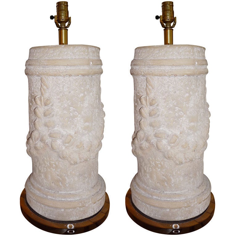 Pair Large Stone Column Lamps For Sale at 1stDibs