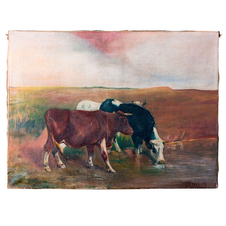 Antique Belgian Oil Painting of Three Cows at 1stDibs