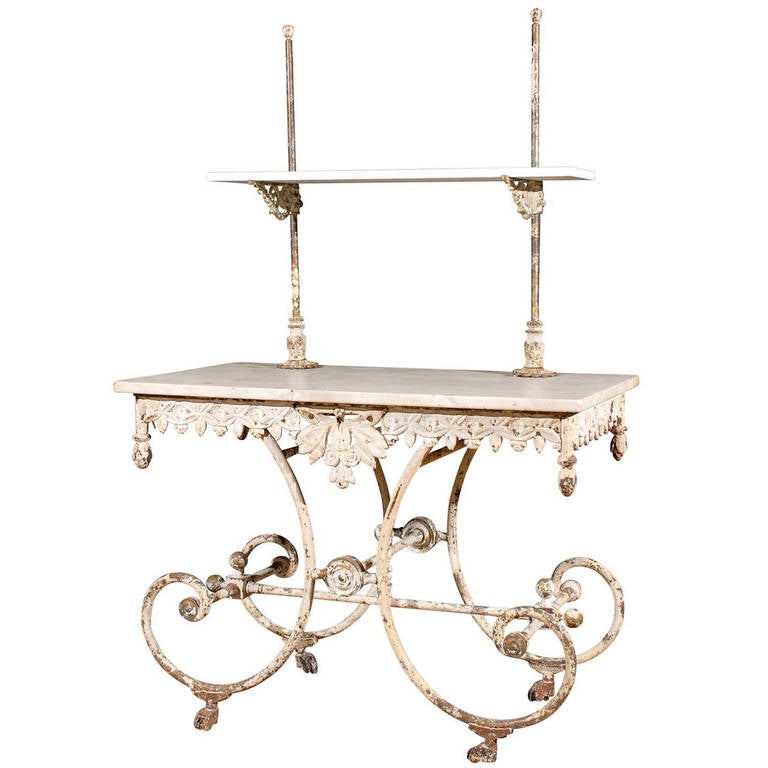 French Marble and Iron Two-Tier Bakers Table with Drawer at 1stDibs