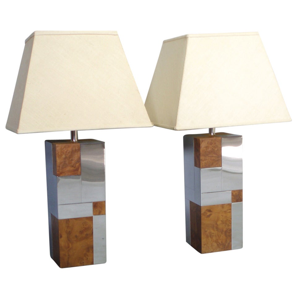 Pair of Cityscape Burl and Stainless Table Lamps by Paul Evans at 1stDibs
