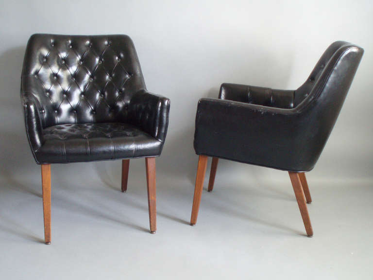 Pair of button Tufted Black Leather Occasional Chairs For Sale at 1stDibs