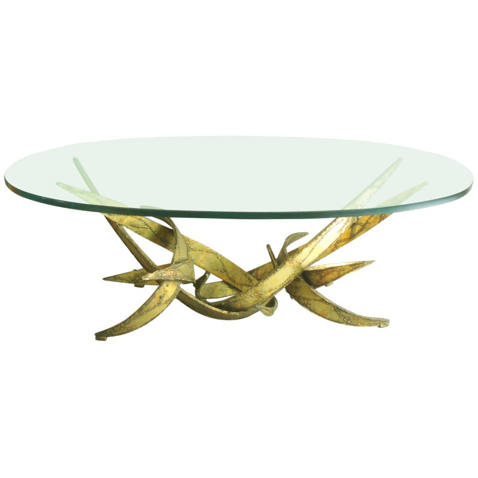 Gilded Torch Cut Steel Brutalist Base Coffee Table in the Style of Paul ...