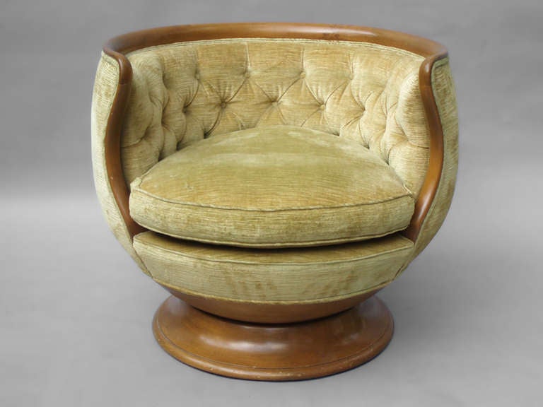 Walnut Trim Button Tufted Swivel Barrel Chair at 1stDibs