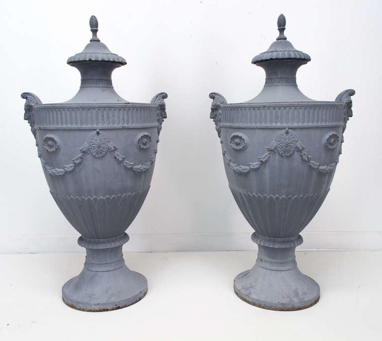 Pair of Neo Classical Cast Iron Covered Urns at 1stDibs