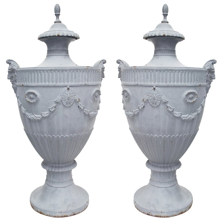Pair of Neo Classical Cast Iron Covered Urns at 1stDibs