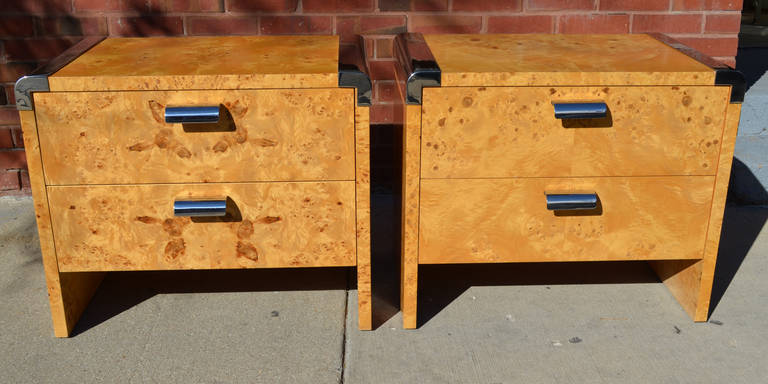 Pair of Burl and Chrome Nightstands from the Pace Collection at 1stDibs