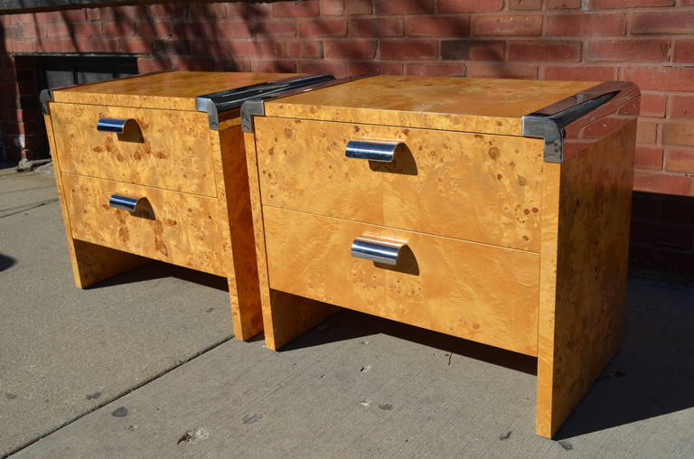 Pair of Burl and Chrome Nightstands from the Pace Collection at 1stDibs