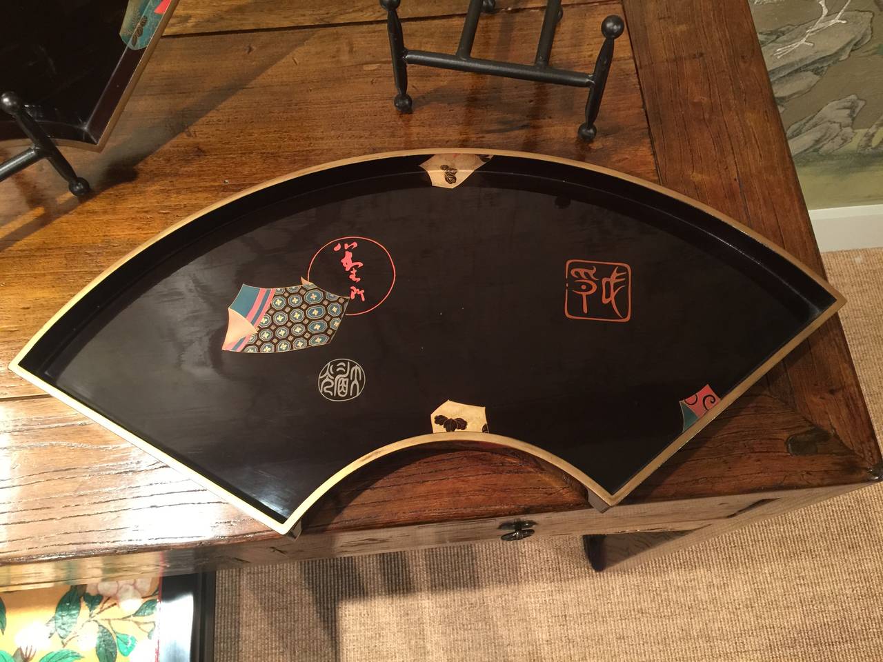 Pair of Large Japanese Lacquer Fan Trays For Sale at 1stDibs