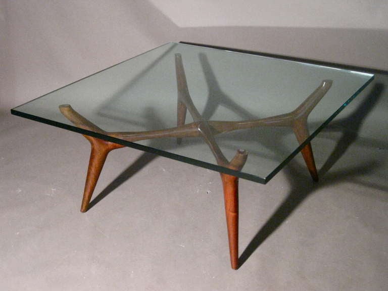 1950s Sculptural Walnut and Glass Coffee Table at 1stDibs