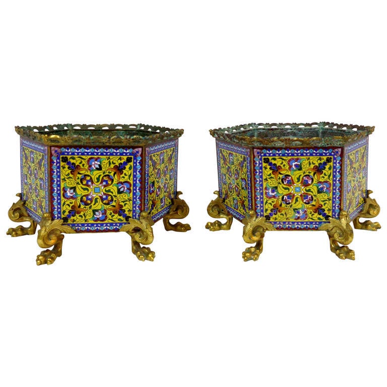 19th c. Pair of Champlevé Planters at 1stDibs